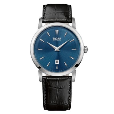 Hugo Boss men's stainless steel black leather strap watch - Ernest Jones