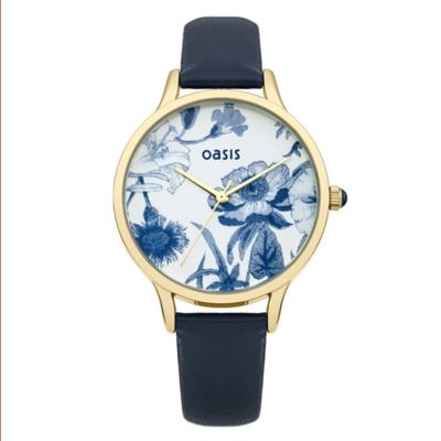 Oasis Ladies' Floral Dial Navy Blue Leather Strap Watch - H. Samuel the ...